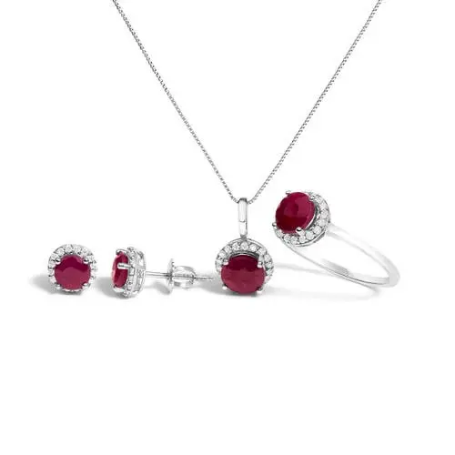 HAUS OF BRILLIANCE 10k Gold Gemstone And Diamond Halo Jewelry Set - White | Red Ruby